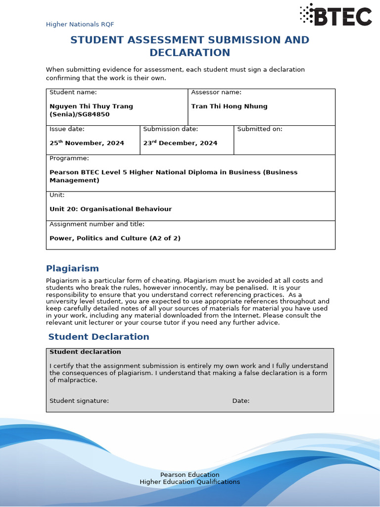 Higher Nationals Student Assessment Guide | PDF