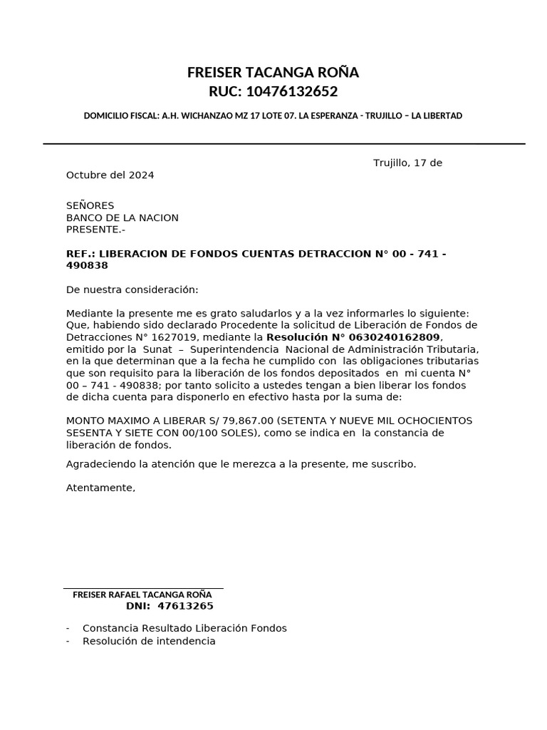 Carta de Liberacion Freiser Tacanga Roña | PDF