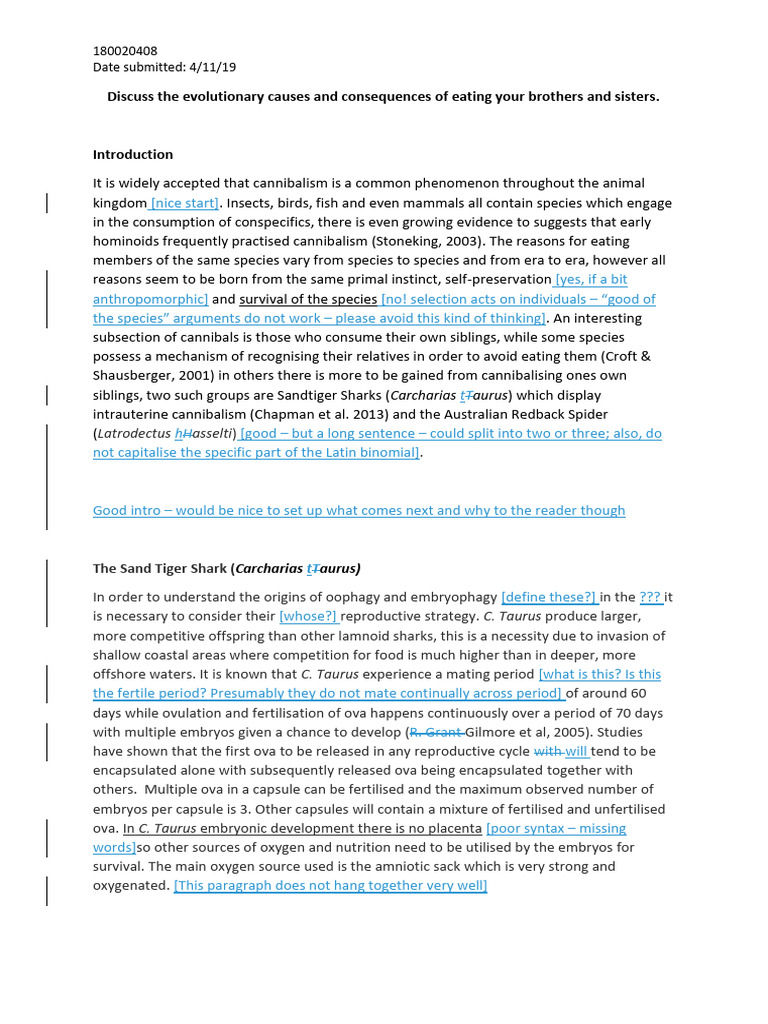 180020408-Class Essay MARKED | PDF | Cannibalism | Embryo