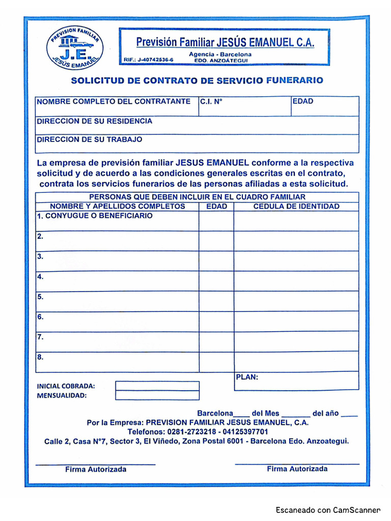 Planilla Solicitud Contrato Funerarios | PDF