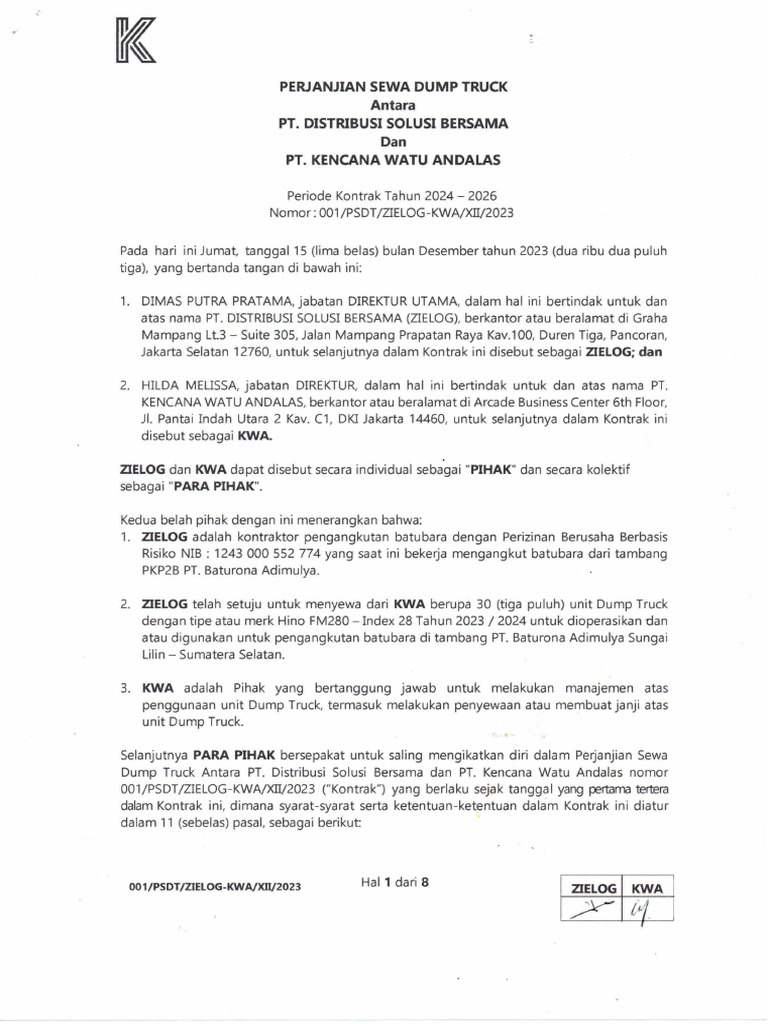 Perjanjian Sewa Dump Truck DSB-KWA | PDF