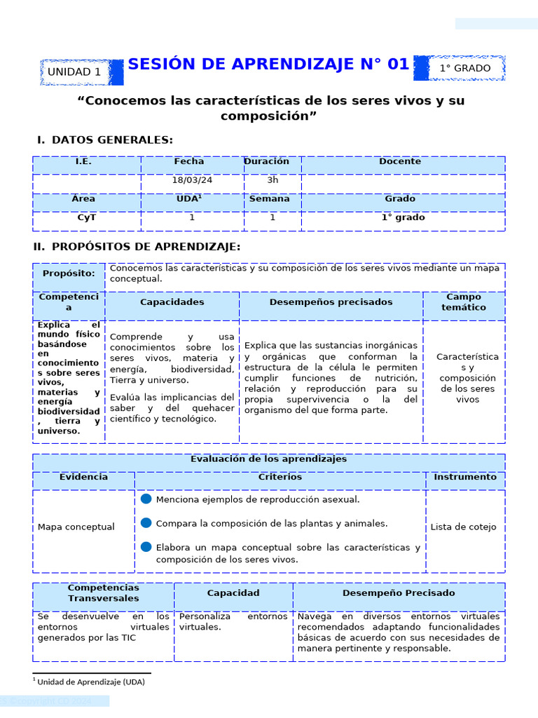 SESIÓN 1 - Conocemos Las Características de Los Seres Vivos y Su Composición - CYT - 1° | PDF ...