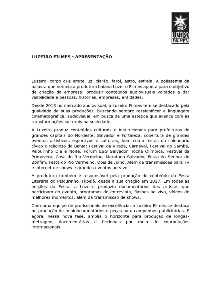 Luzeiro Filmes: Produção Audiovisual de Qualidade | PDF