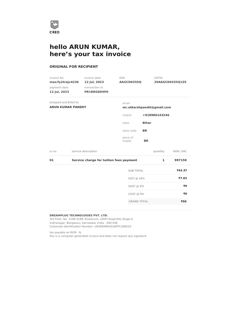 Hello ARUN KUMAR, Here's Your Tax Invoice: Original For Recipient | PDF