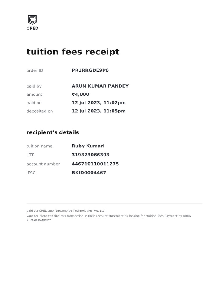 Tuition Fees Receipt: Pr1Rrgde9P0 | PDF