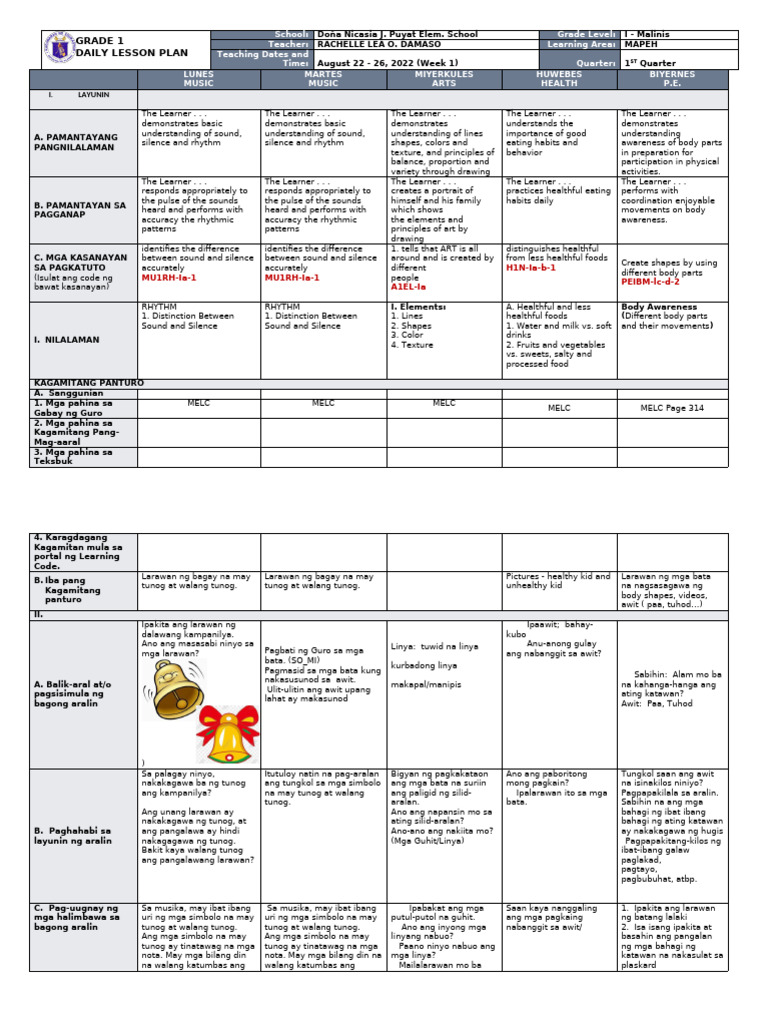 DLL Mapeh-1 Q1 W1 | PDF
