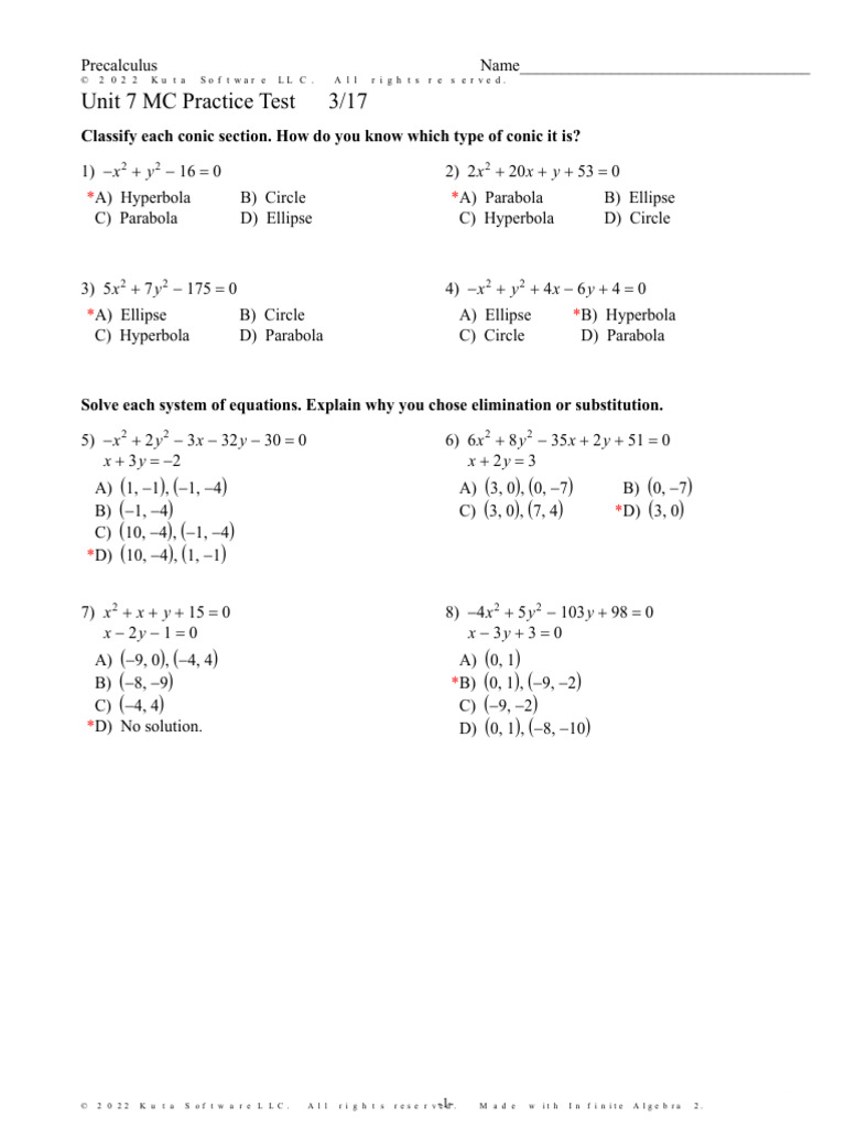 03-17 PC U07 Conics MC Practice Test - KEY | PDF | Ellipse | Discrete ...