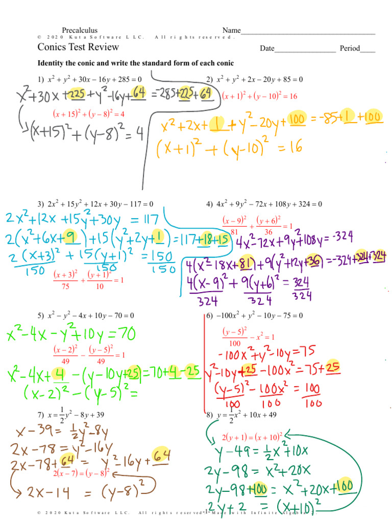 03-16 PC U07 Conics Practice Test - KEY | PDF | Combinatorics ...