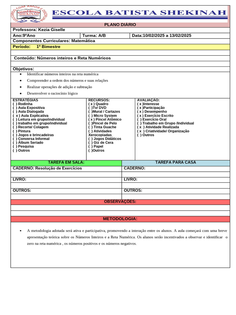 Plano Diario 10 a 13 de Fevereiro-9ºAno | PDF