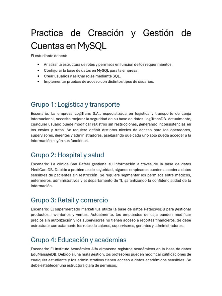 Practica de Creación y Gestión de Cuentas en MySQL | PDF | Bases de datos | Mi sql