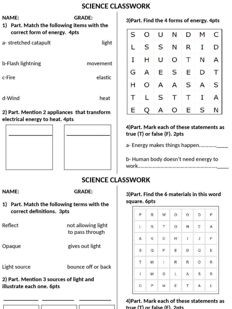 Science Classwork on Energy and Light | PDF | Light | Mirror