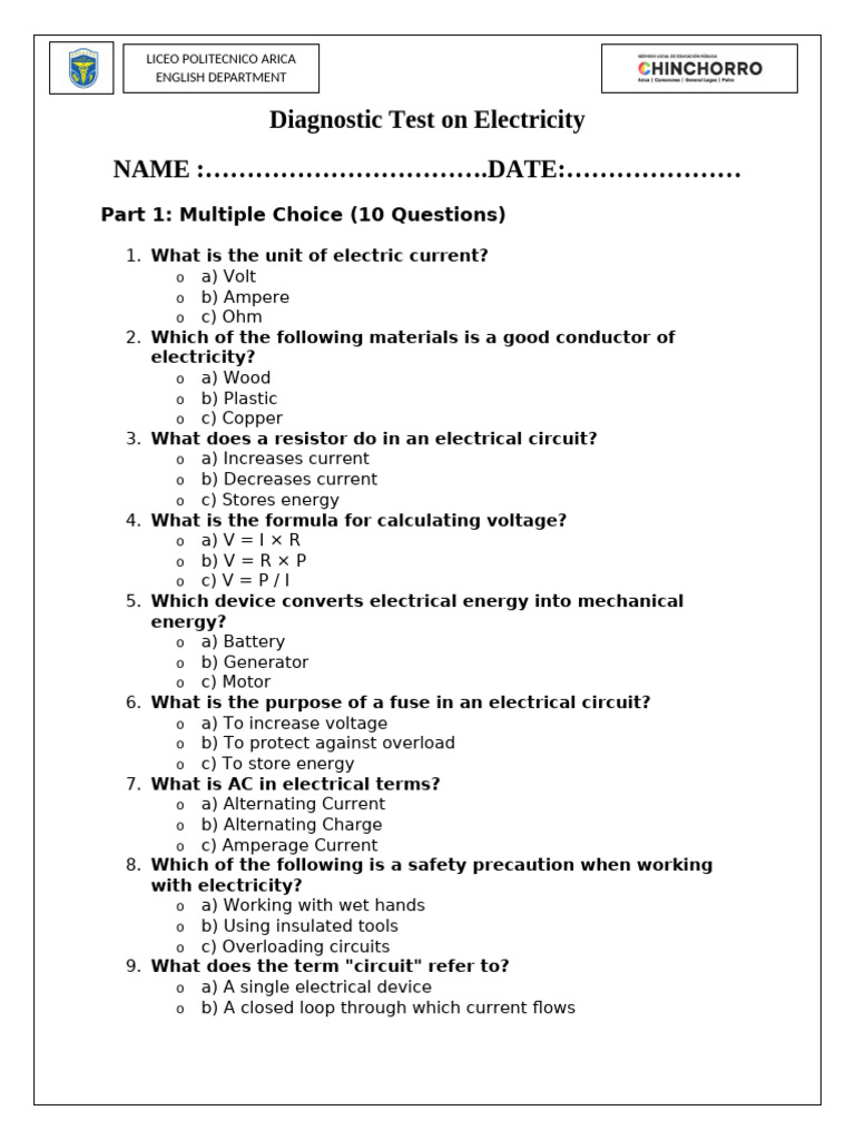 Diagnostic Test On Electricity | PDF | Electric Current | Electricity