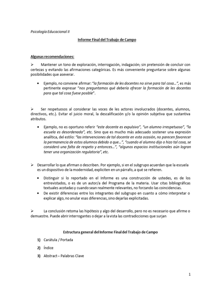 Características Informe Final Trabajo de Campo | PDF | Sumario ...