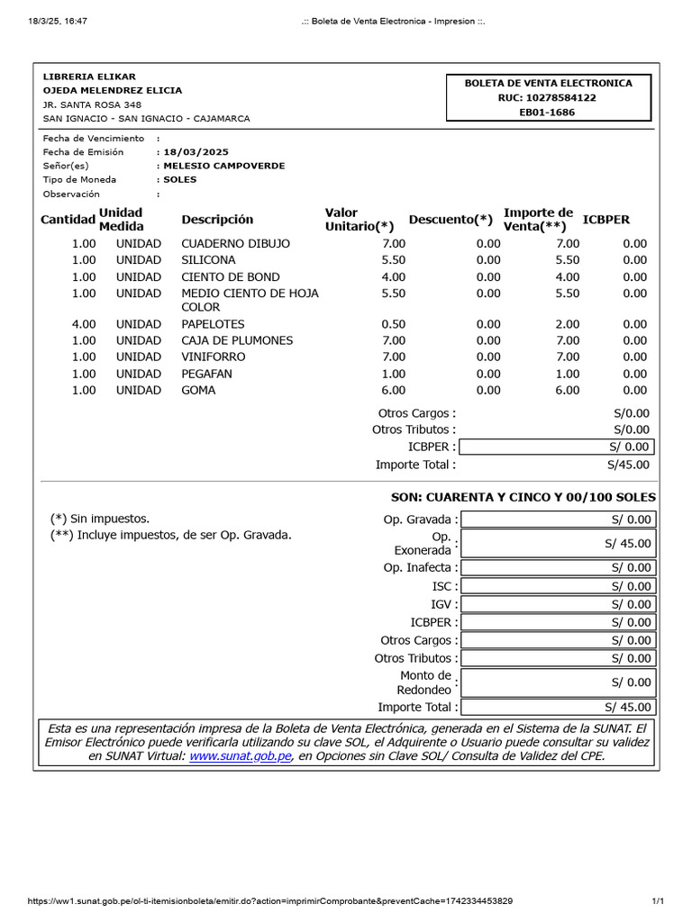 Boleta de Venta Electronica - Impresion ___ | PDF