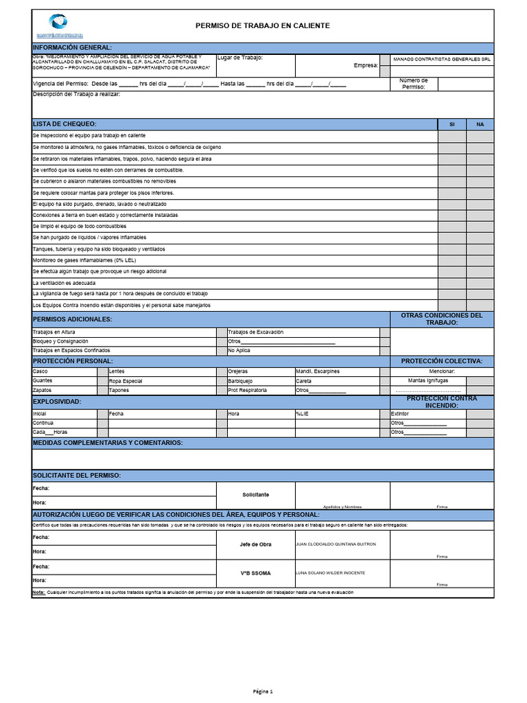 Permiso para Trabajos en Caliente - Salacat | PDF