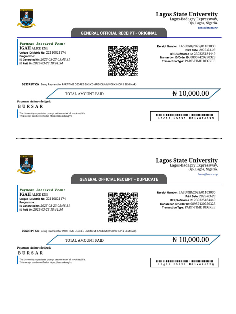 Receipt For IGAH ALICE - Payment For PART-TIME DEGREE GNS COMPENDIUM ...