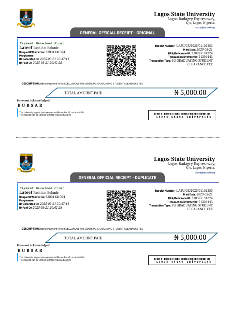 Receipt For Lateef Rashidat - Payment For Miscellanous Payments PG Graduating Student Clearance ...