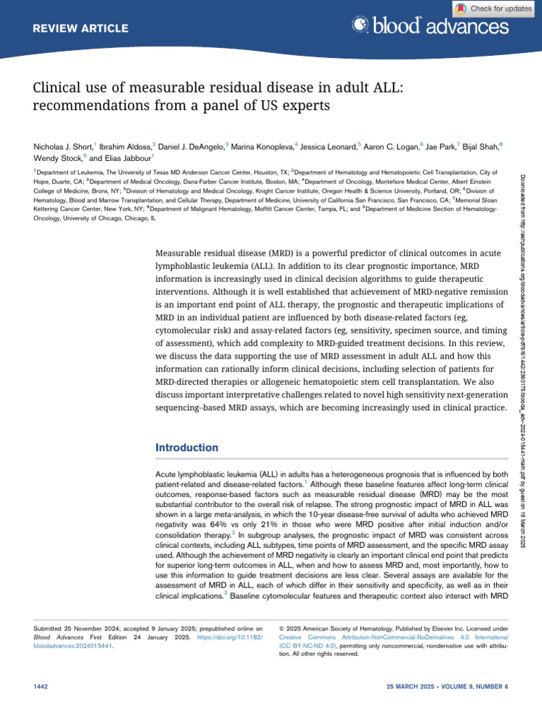 MRD in Adult ALL: Expert Recommendations | PDF | Hematopoietic Stem ...