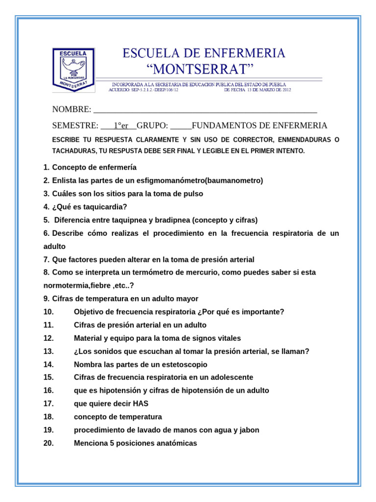 Examen Fundamentos de Enfermeria | PDF