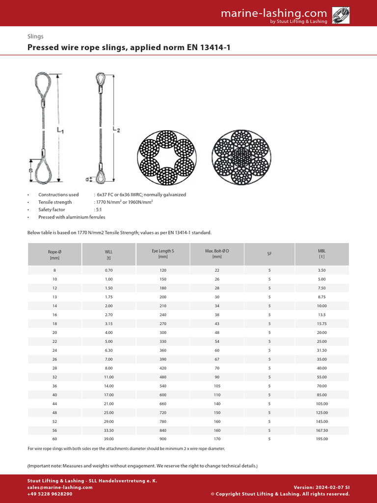 MLL Data Sheet Pressed Wire Rope Slings En13414 1 | PDF | Manufactured ...