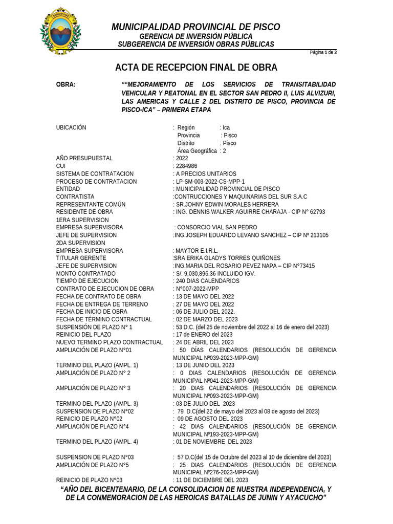 Acta de Recepcion Final San Pedro | PDF