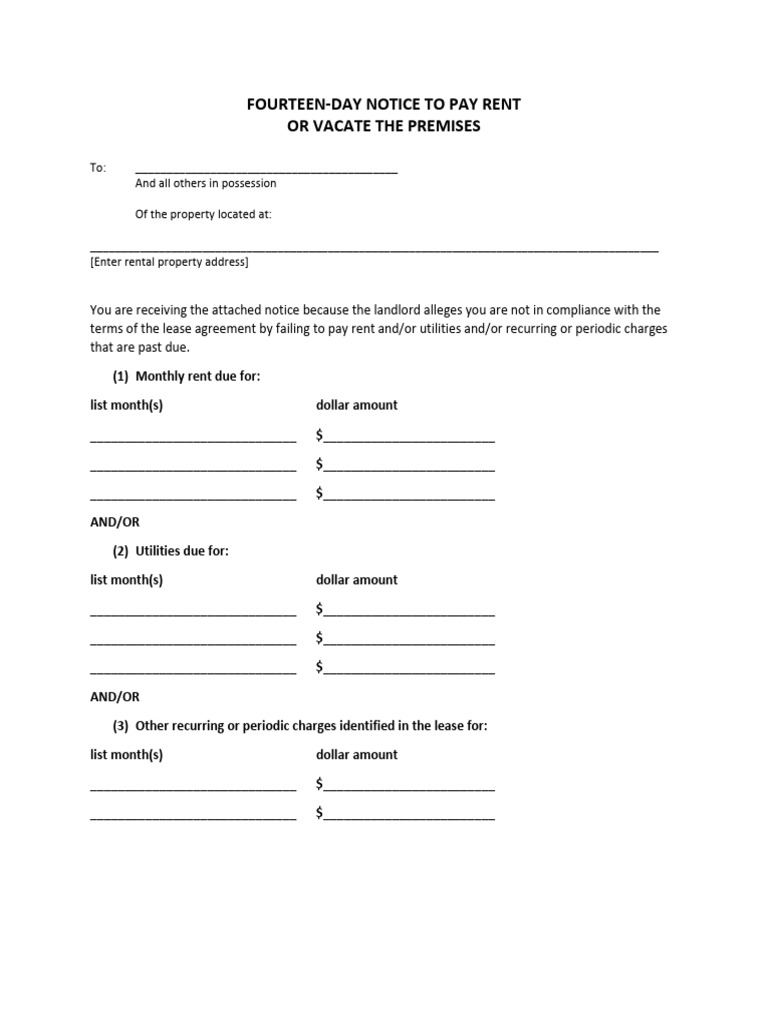 14 Day Notice Pay Rent or Vacate | PDF | Landlord | Lease
