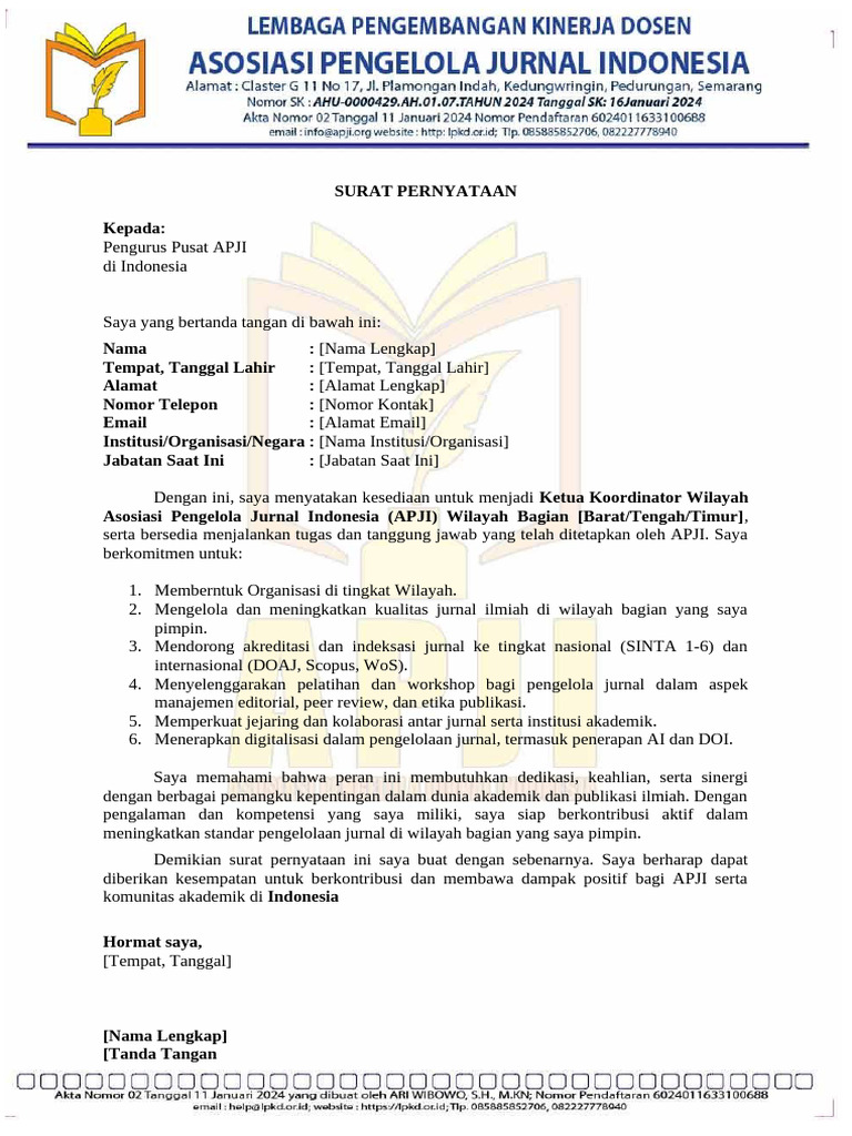 Surat Pernyataan Menjadi Korwil APJI | PDF