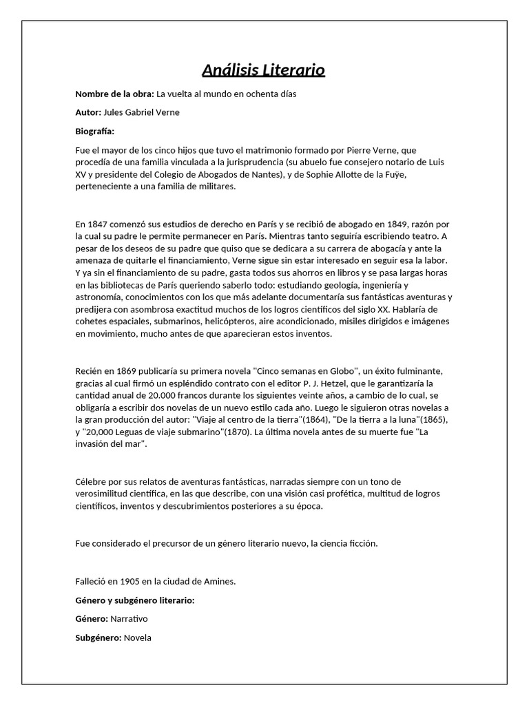 Análisis Literario | PDF | Al rededor del mundo en ochenta días | Julio ...