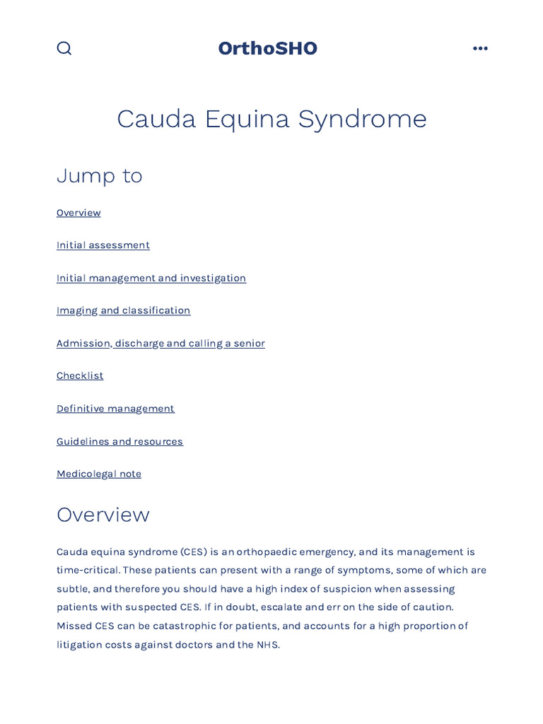 Cauda Equina Syndrome - OrthoSHO | PDF | Nervous System | Diseases And ...