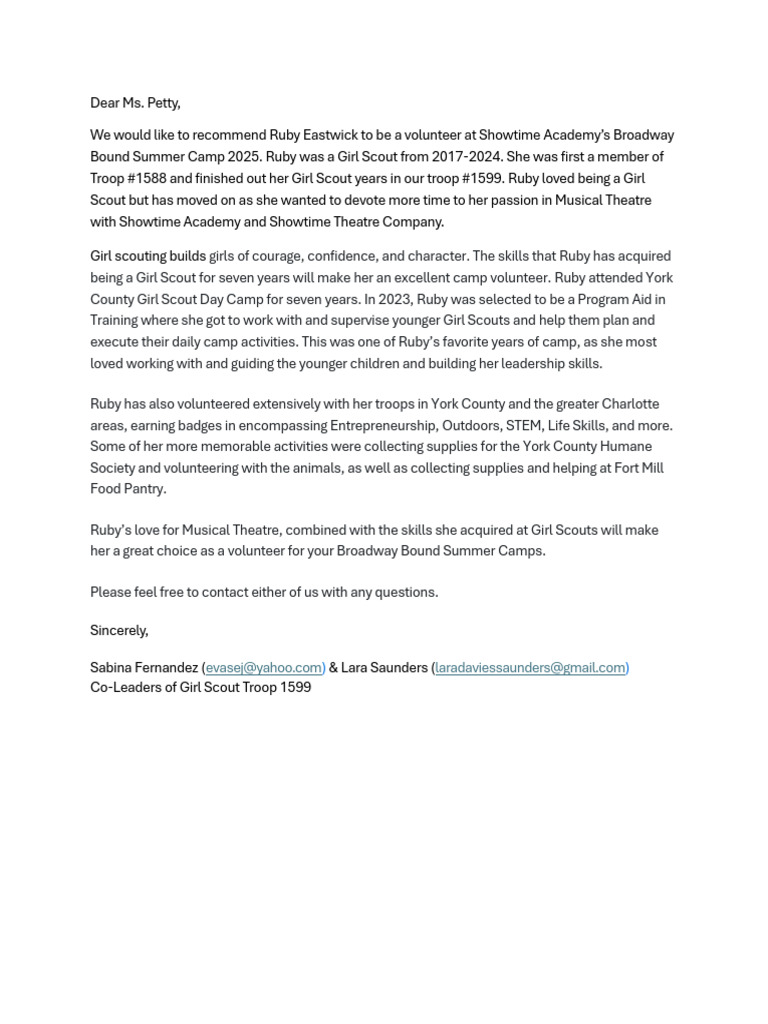 Ruby Eastwick - Girl Scouts Letter | PDF