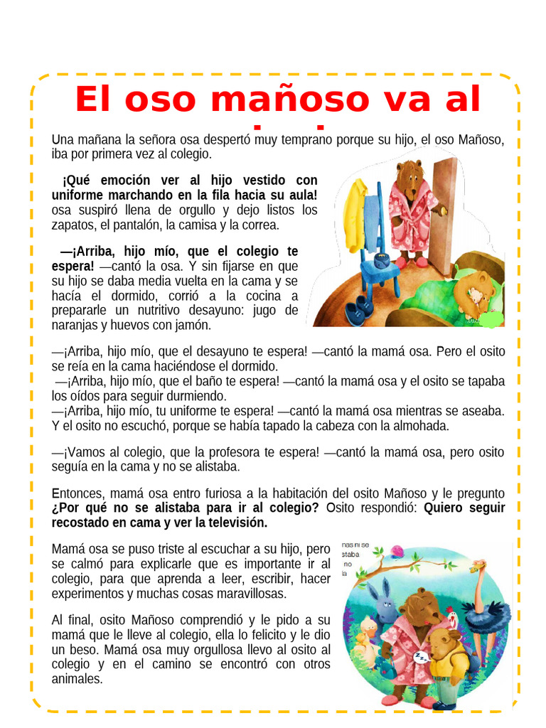 Ficha Cuento El Oso Mañoso Va A La Escuela - Plan Lector Maestra Janet 2° | PDF