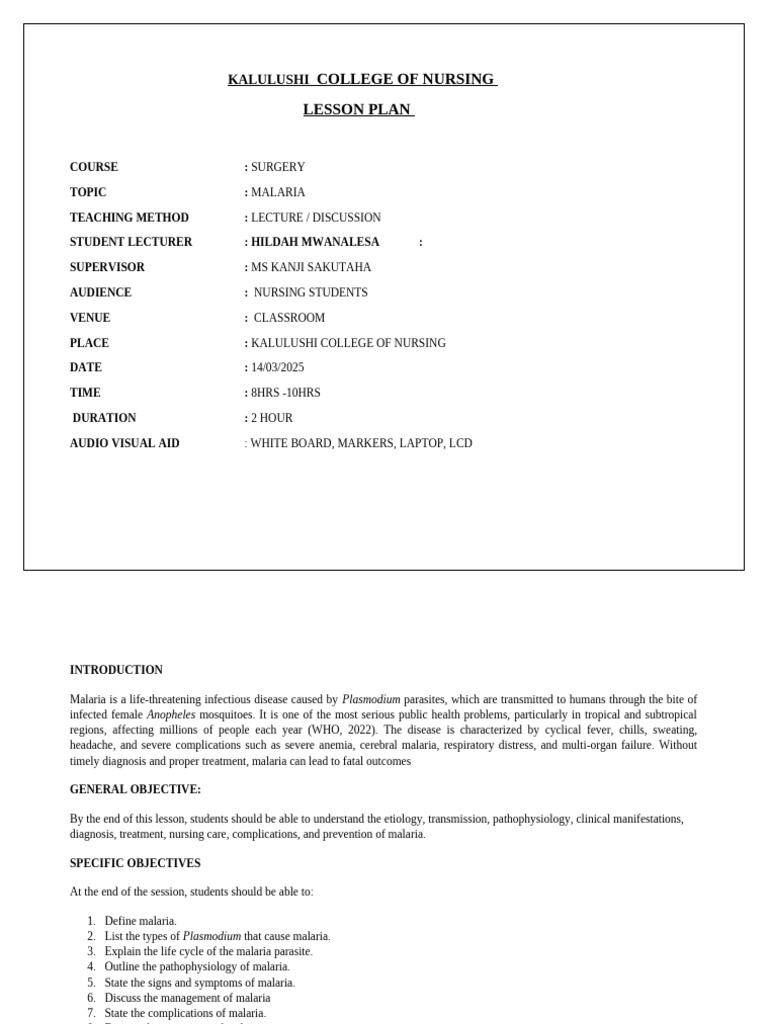 UPDATED HILDAH LESSON PLAN ON MALARIA | PDF | Malaria | Plasmodium
