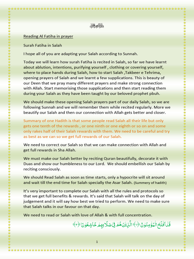 Reading Al Fatiha in Prayer | PDF | Hadith | Muhammad