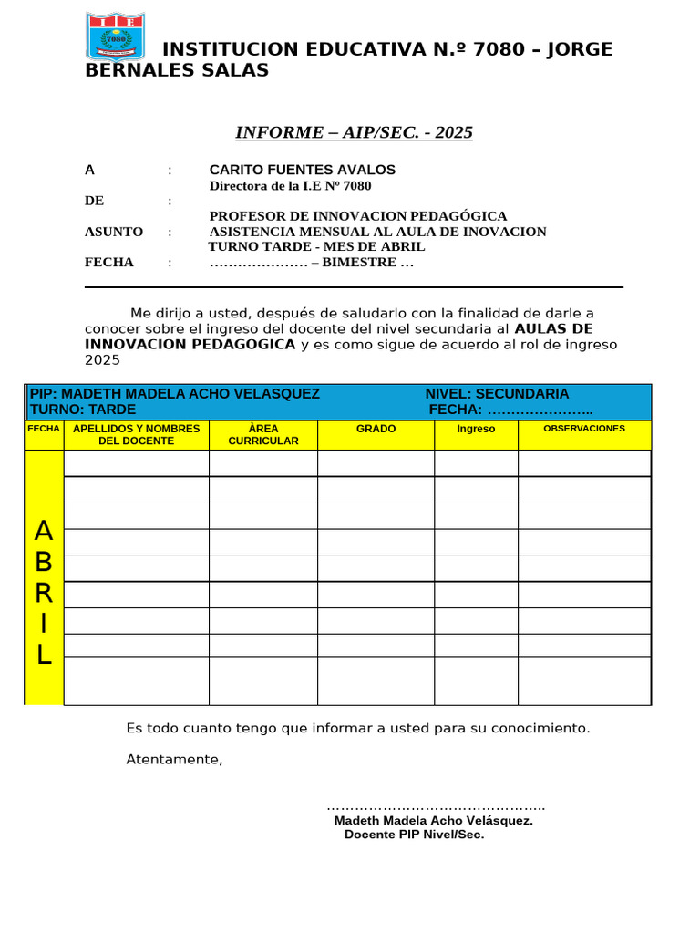 Informes Mensuales de Ingreso Aip 2025 - Sec 7080 | PDF | Aprendizaje | Escuelas