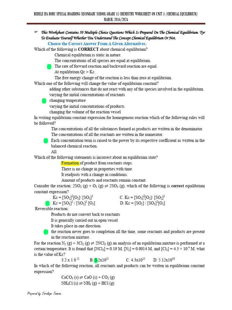 Grade 11 Chemical Equilibrium Worksheet | PDF | Chemical Equilibrium ...