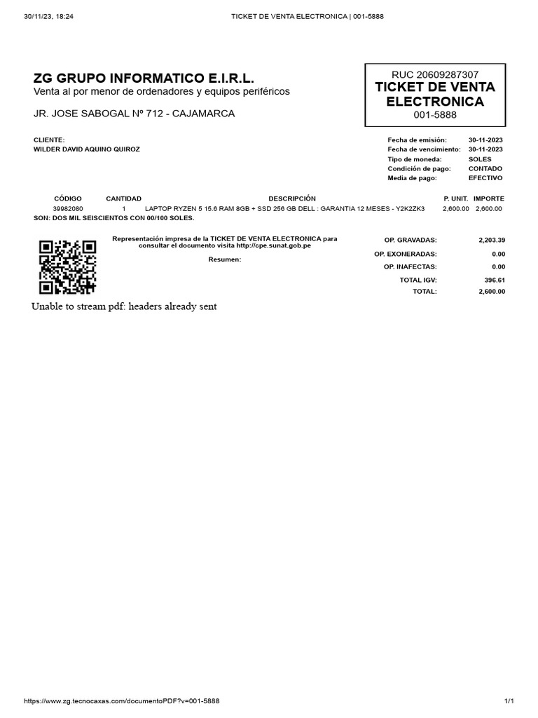 Comprobante de Venta Electronica Laptop | PDF