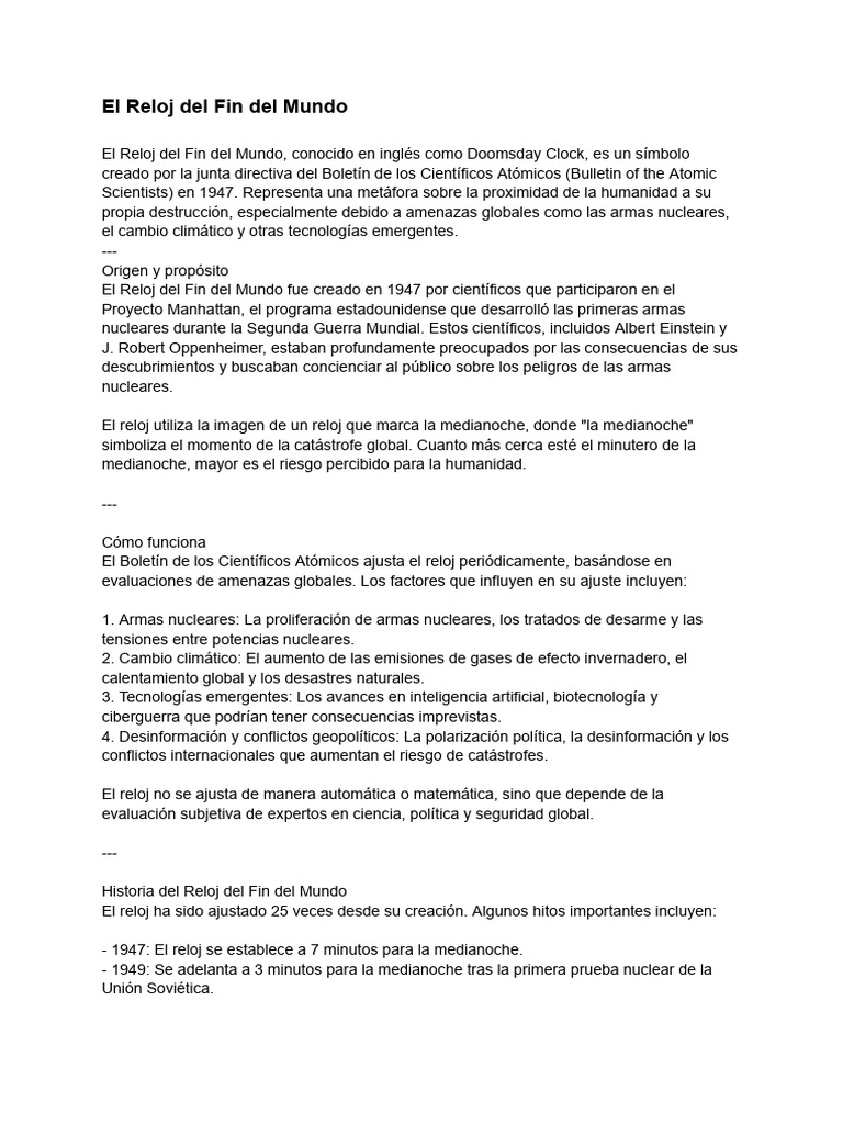 El Reloj Del Fin Del Mundo (Doomsday Clock) | PDF