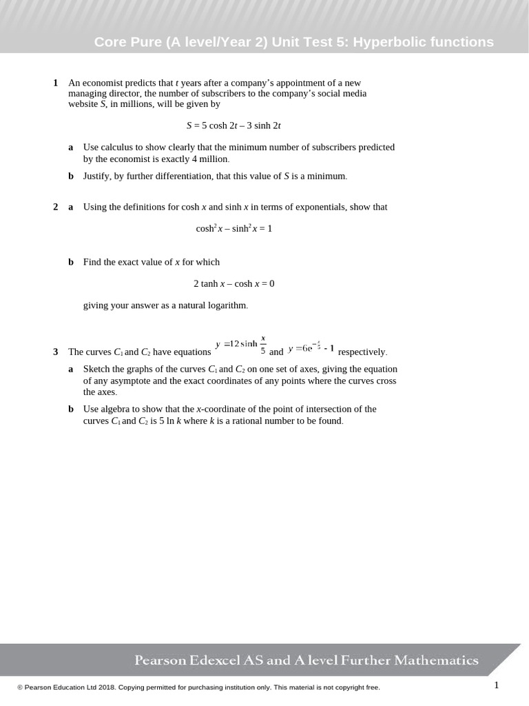 Core Pure Unit Test 5 Hyperbolic Functions | PDF | Function ...