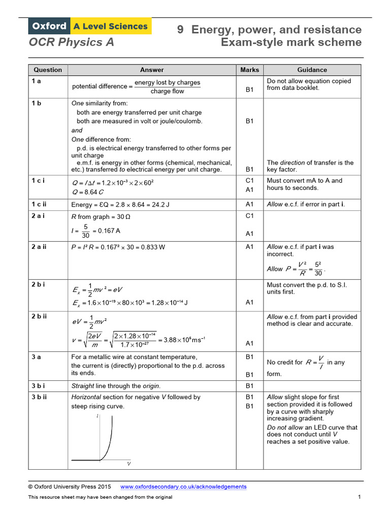 Chapter 9 Test Mark Scheme PDF | PDF | Voltage | Physical Phenomena