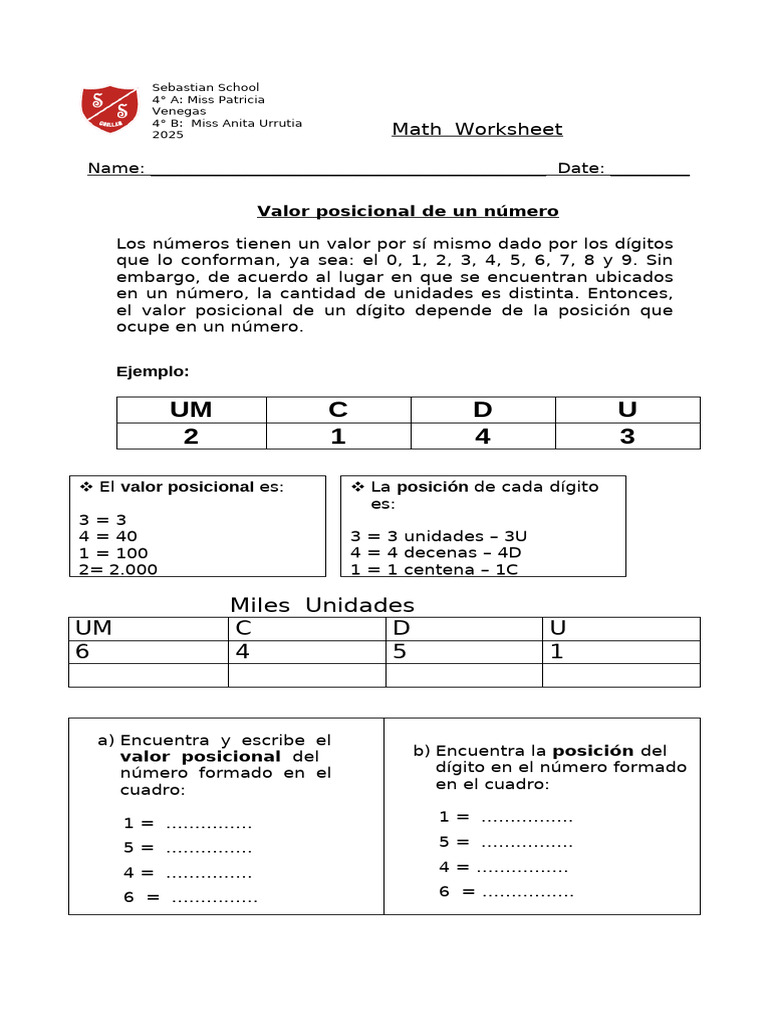 Valor Posicional de Números: Ejercicios | PDF | Escritura | Semiótica