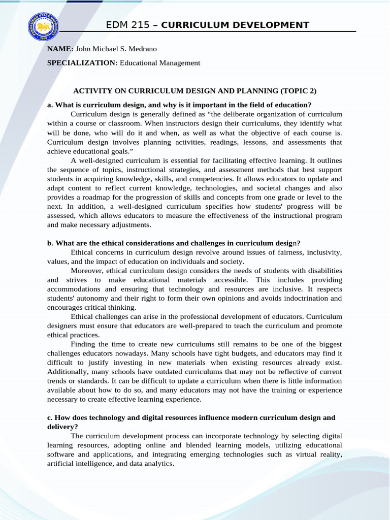 Topic 2 - Edm 215 - Medrano - Curriculum Dev't | PDF | Curriculum ...