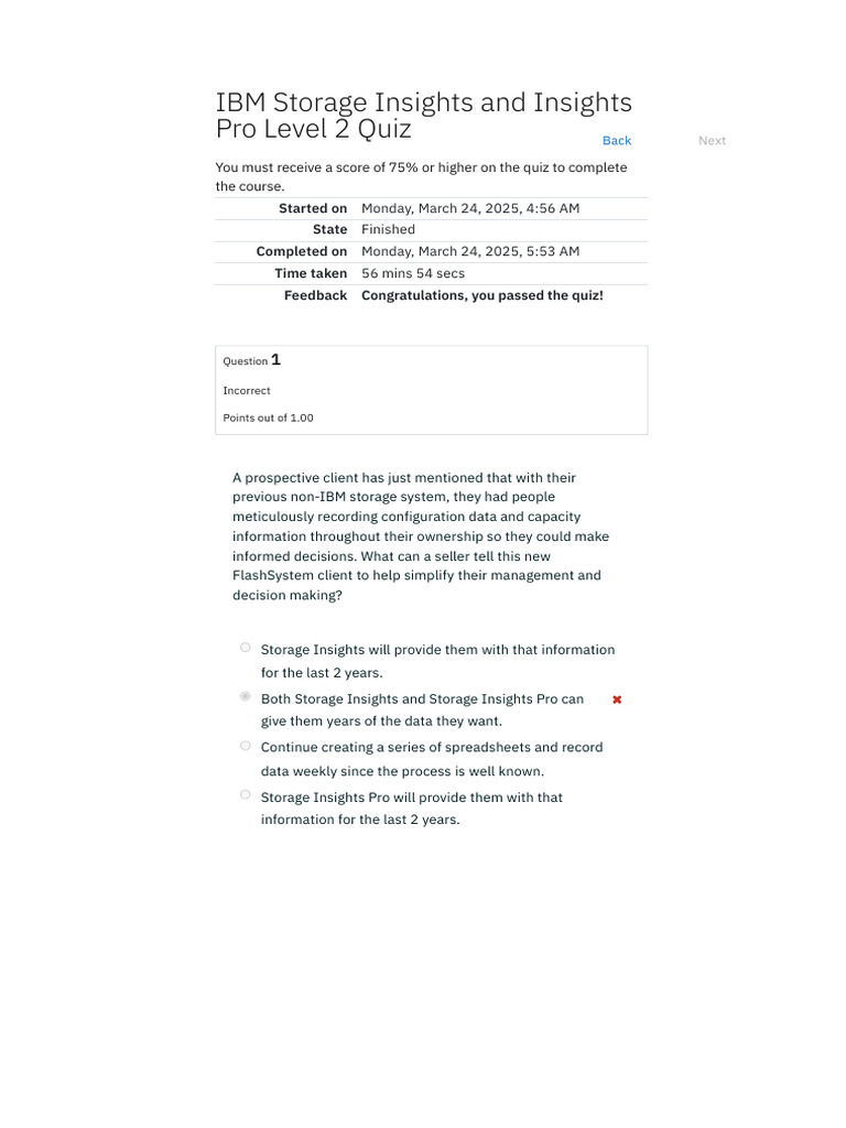 IBM Storage Insights and Insights Pro Level 2 Quiz - Attempt Review | PDF | Computer Engineering ...
