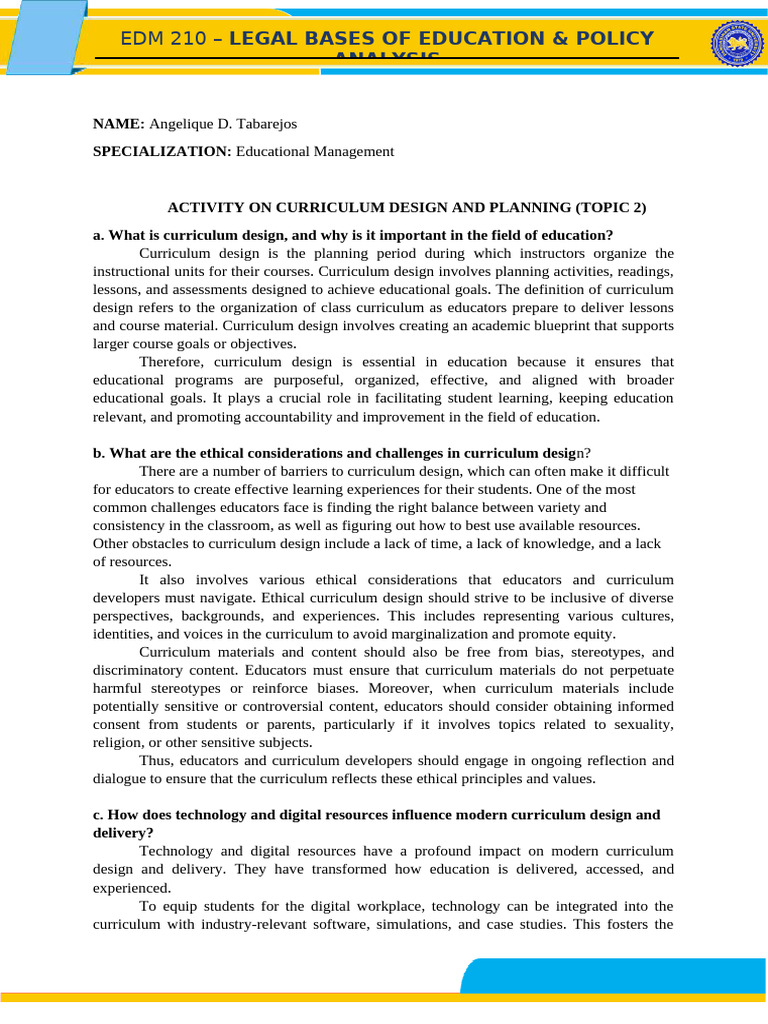 Curriculum Design in Education Ethics | PDF | Curriculum | Educational ...