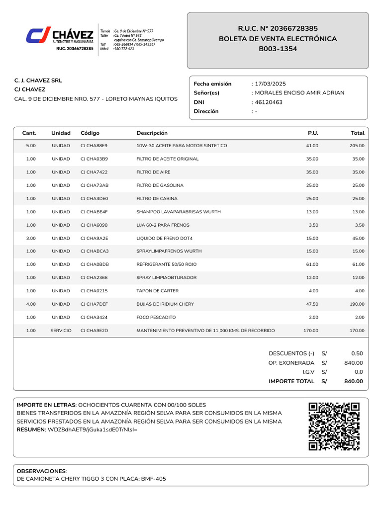 R.U.C. #20366728385 Boleta de Venta Electrónica B003-1354 | PDF