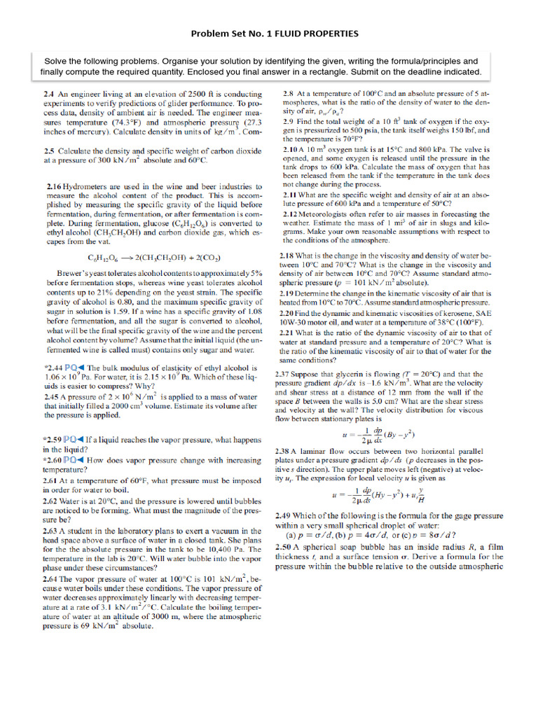 Fluid Properties Problem Set Instructions | PDF