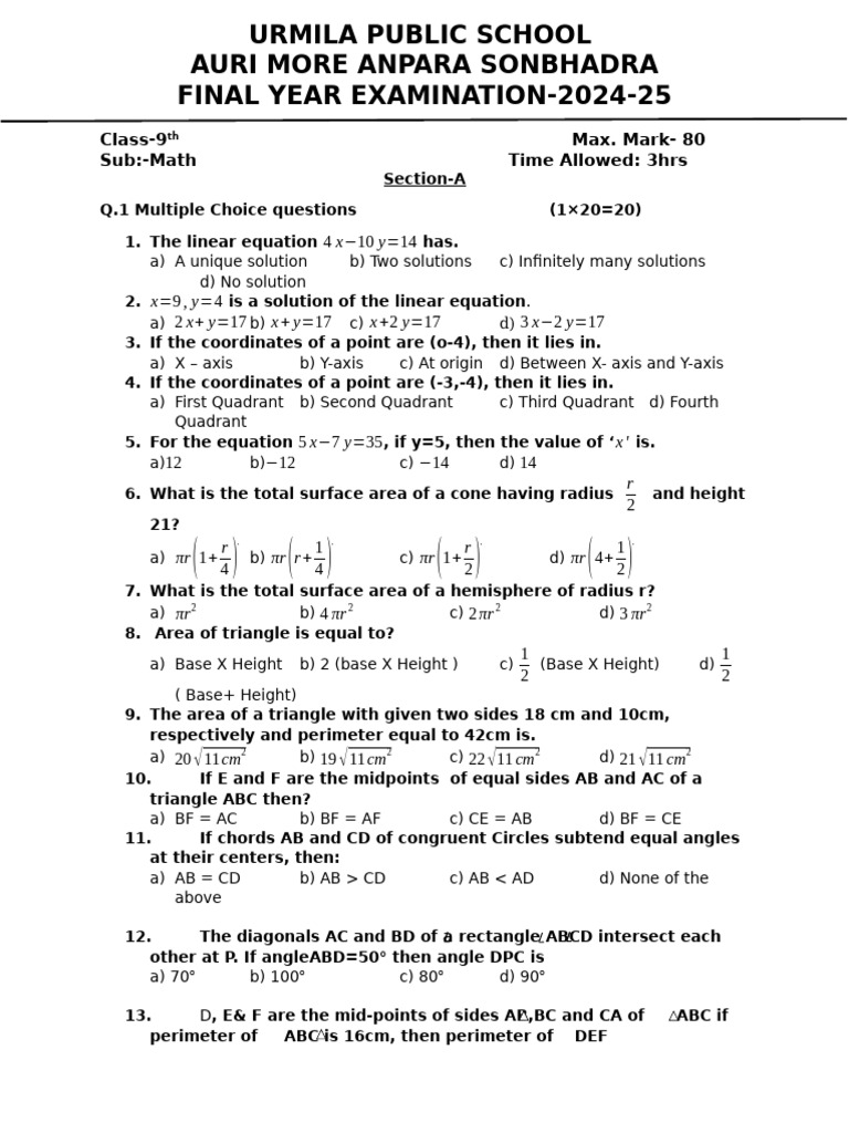 Class 9 Maths Final Question Paper | PDF | Area | Cartesian Coordinate ...