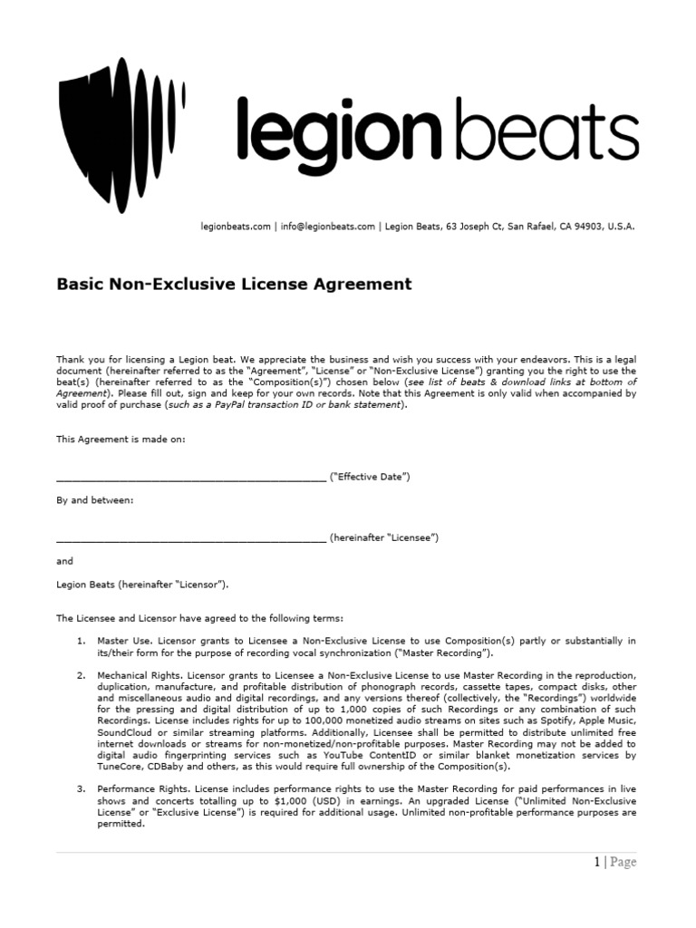 $ Basic License Agreement - 5 FREE BEATS (LegionBeats - Com) PDF | PDF ...