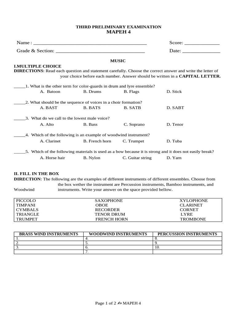 Mapeh 4 3rd Prelim (Final) | PDF | Musical Instruments | Music Technology