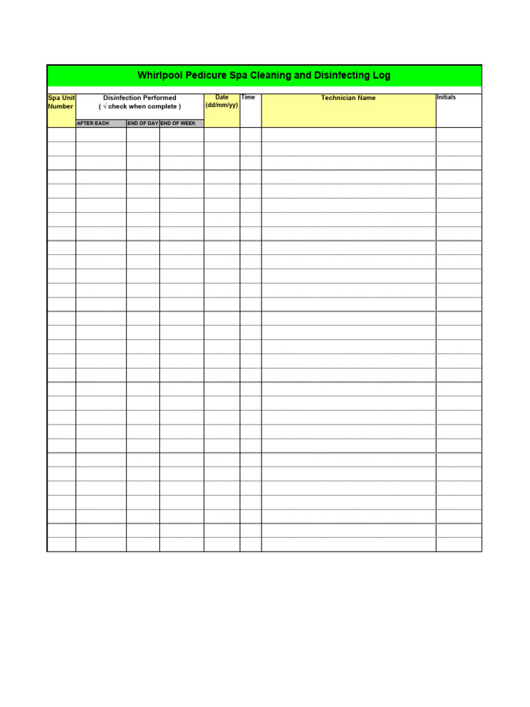 28 Form - Salon or Shop Pedicure Log | PDF