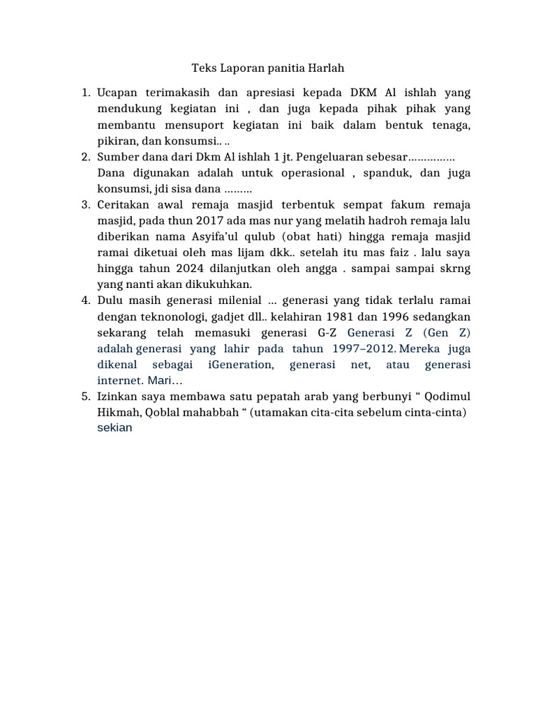 Teks Laporan Panitia Harlah | PDF